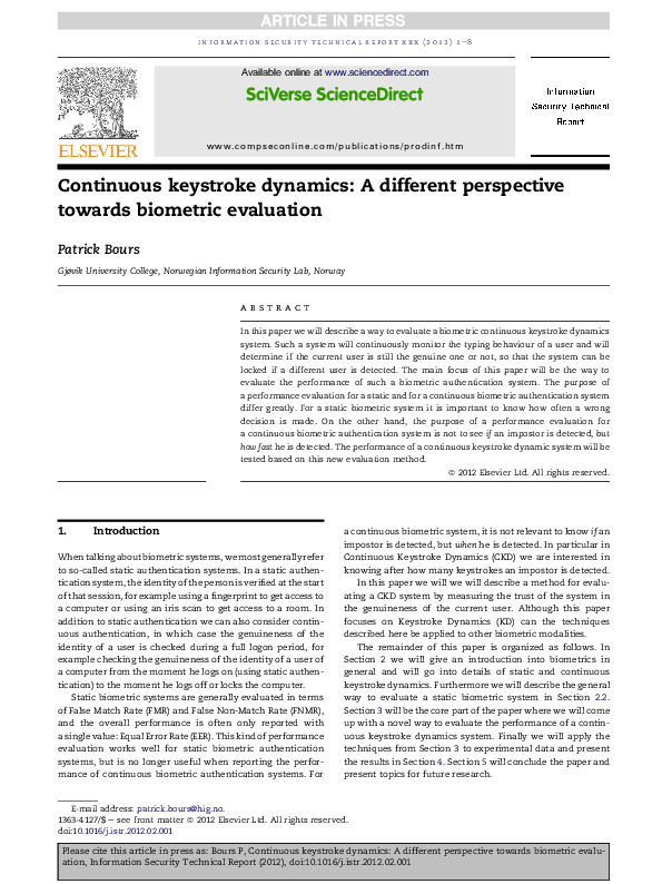 Pdf Continuous Keystroke Dynamics A Different Perspective Towards Biometric Evaluation