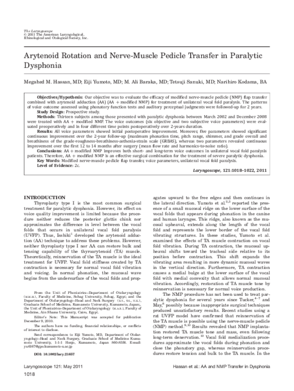 (PDF) Arytenoid rotation and nerve-muscle pedicle transfer in paralytic ...