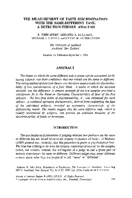 (PDF) The Measurement of Taste Discrimination with the Same-Different ...