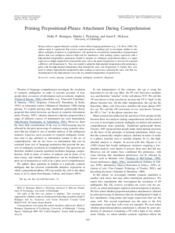 (PDF) Priming Prepositional-Phrase Attachment During Comprehension