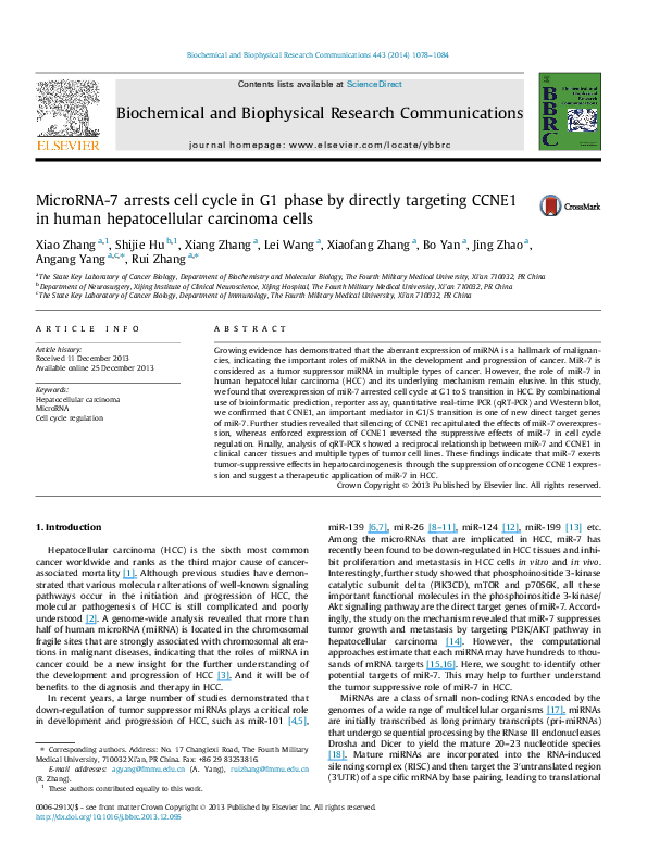 (PDF) MicroRNA-7 arrests cell cycle in G1 phase by directly targeting ...