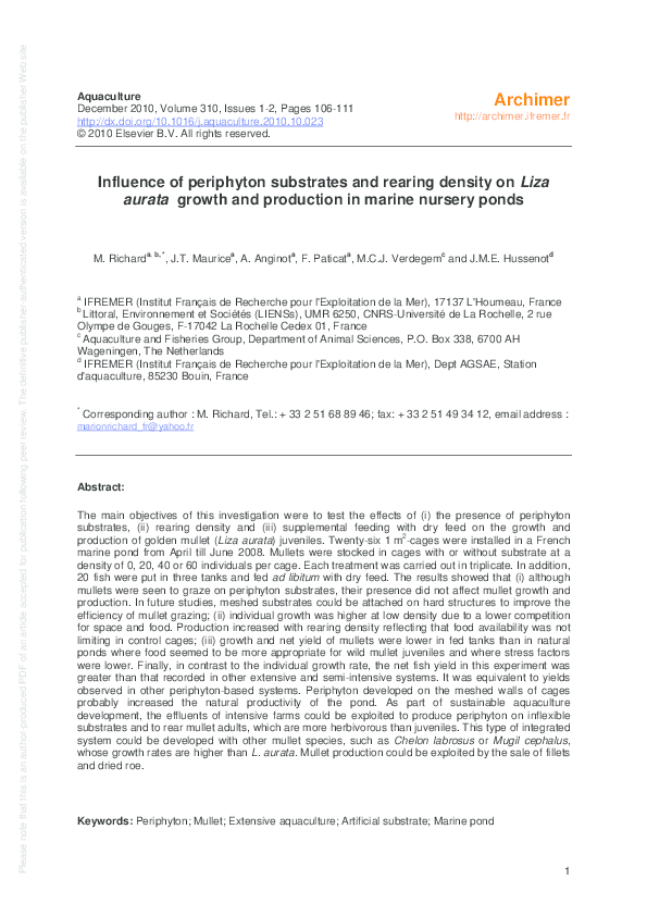 (PDF) Influence of periphyton substrates and rearing density on Liza ...