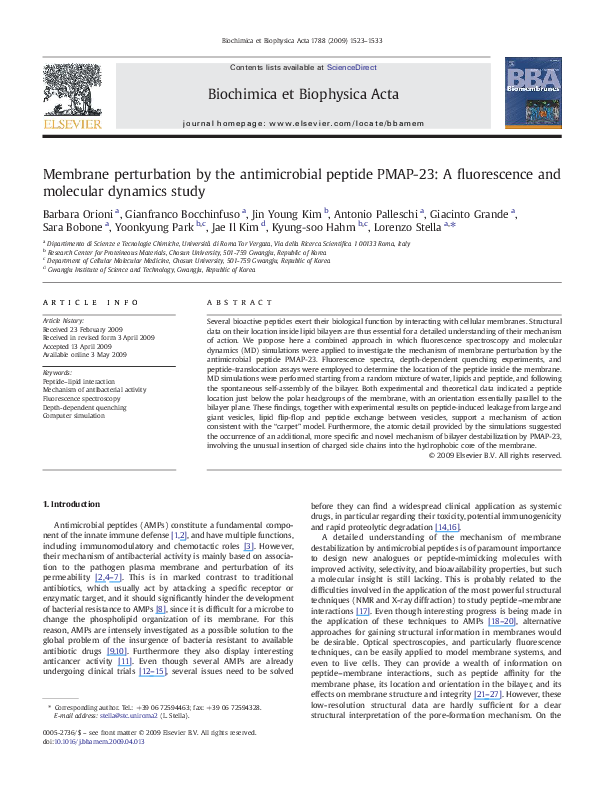 (PDF) Membrane perturbation by the antimicrobial peptide PMAP-23: A ...