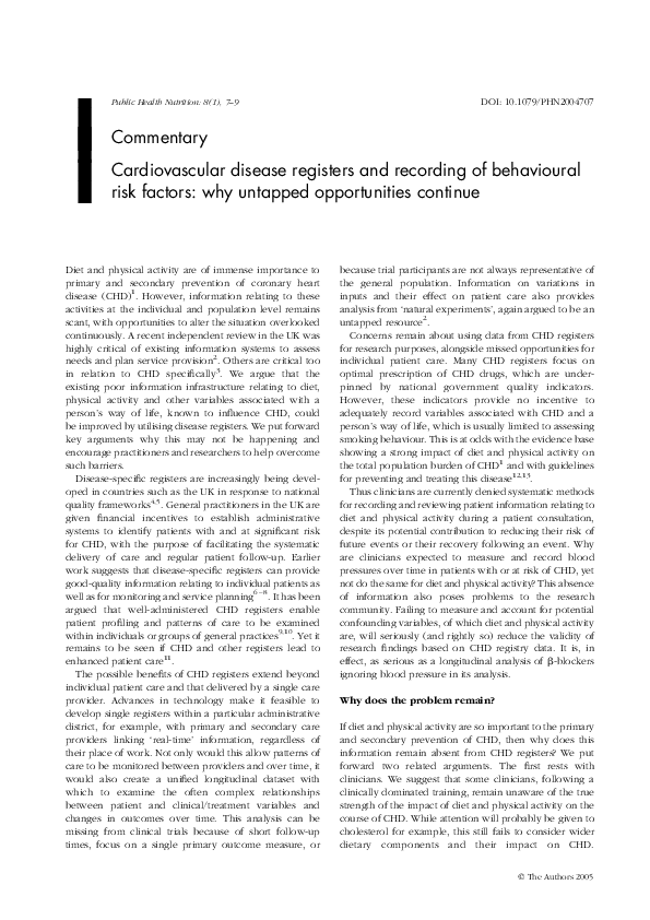 (PDF) Cardiovascular disease registers and recording of behavioural risk factors: why untapped ...