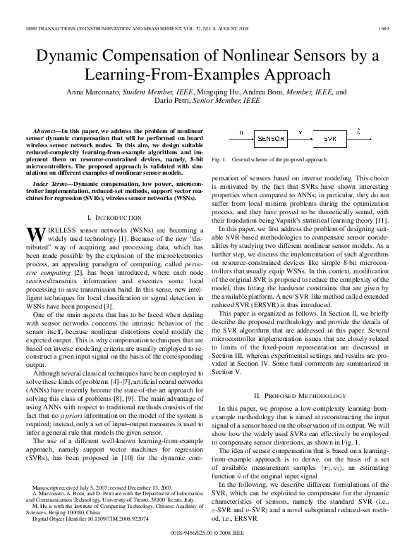 Pdf Dynamic Compensation Of Nonlinear Sensors By A Learning From Examples Approach