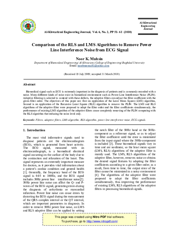 (PDF) Comparison of the RLS and LMS Algorithms to Remove Power Line Interference Noise from ECG ...