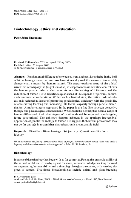 (PDF) Biotechnology, ethics and education