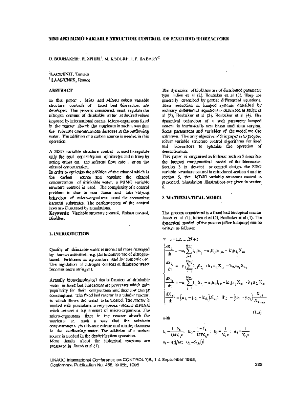 (PDF) SISO and MIMO variable structure control of fixed bed bioreactors