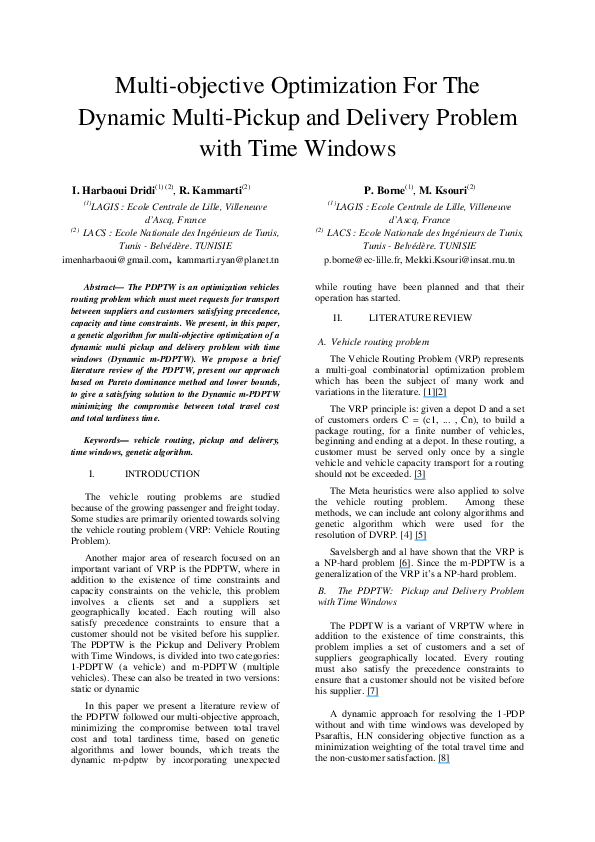 Pdf Multi Objective Optimization For The Dynamic Multi Pickup And