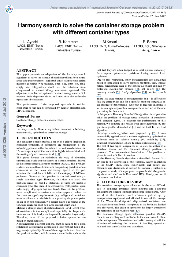 (PDF) Harmony search to solve the container storage problem with different container types