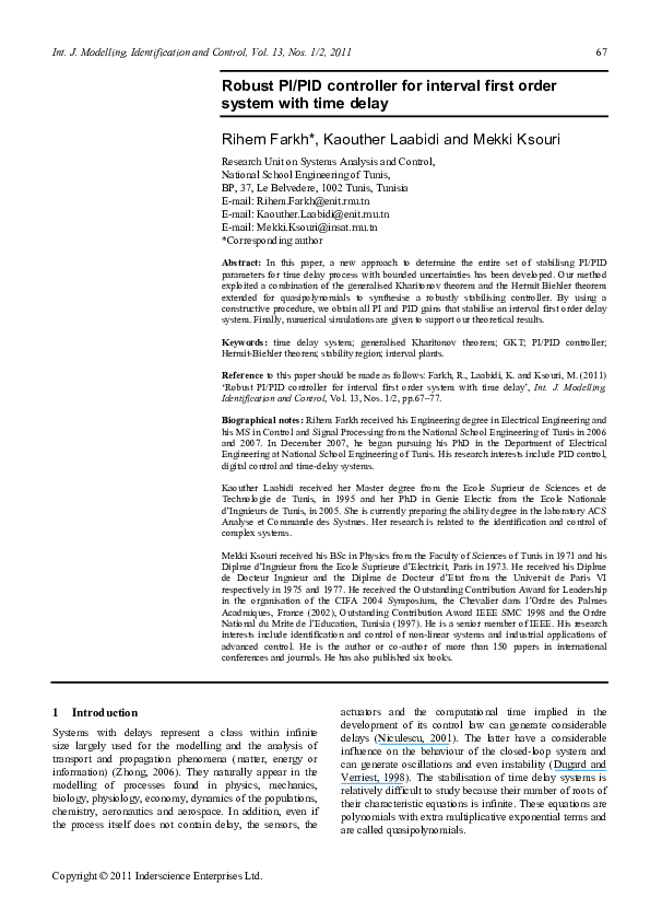Pdf Robust Pi Pid Controller For Interval First Order System With Time Delay Mekki Ksouri