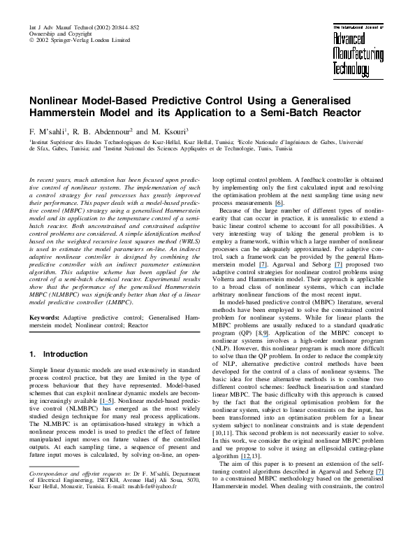 Pdf Nonlinear Model Based Predictive Control Using A Generalised Hammerstein Model And Its