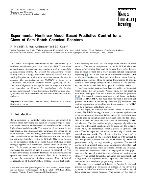 Pdf Experimental Nonlinear Model Based Predictive Control For A Class