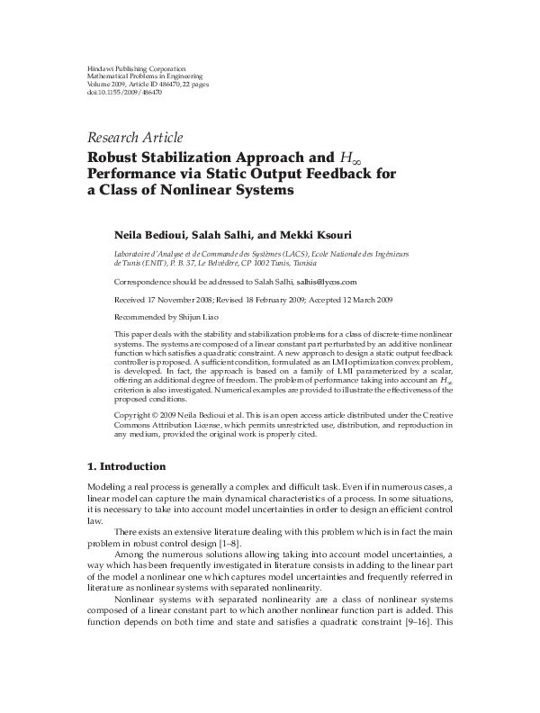 (PDF) Robust Stabilization Approach and H∞ Performance via Static Output Feedback for a Class of ...