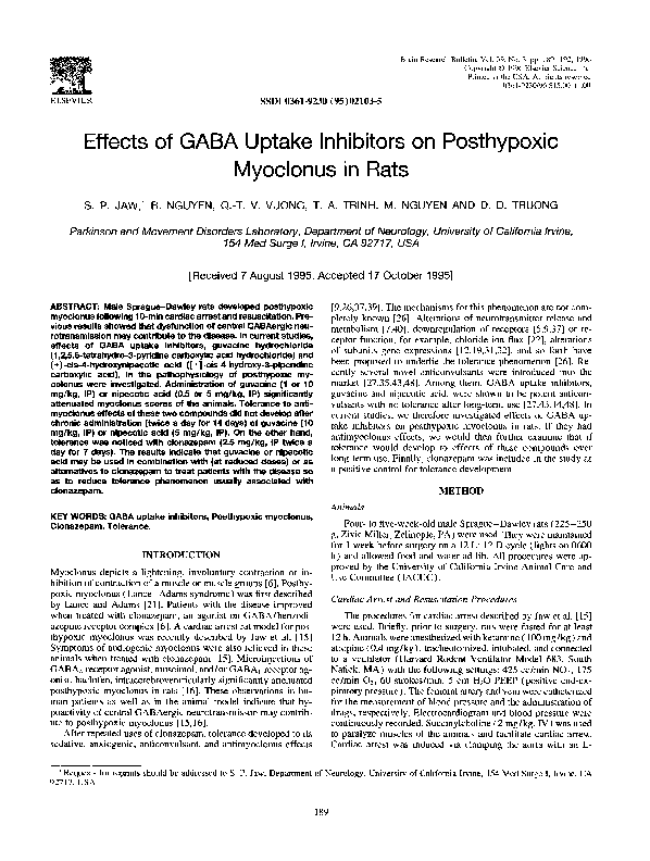 (PDF) Effects of GABA uptake inhibitors on posthypoxic myoclonus in rats