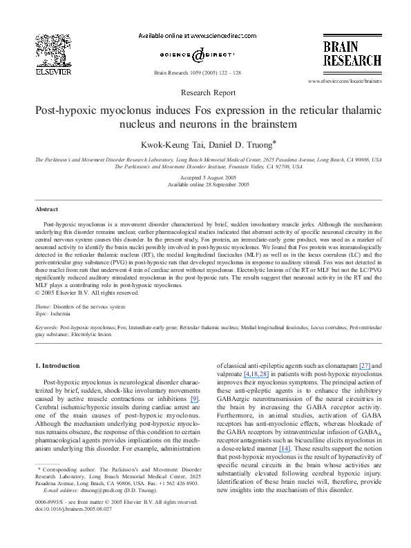 (PDF) Posthypoxic myoclonus induces Fos expression in the reticular ...