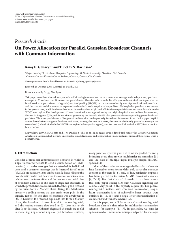 (PDF) On Power Allocation for Parallel Gaussian Broadcast Channels with Common Information