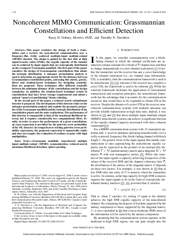 (PDF) Noncoherent MIMO Communication: Grassmannian Constellations and Efficient Detection