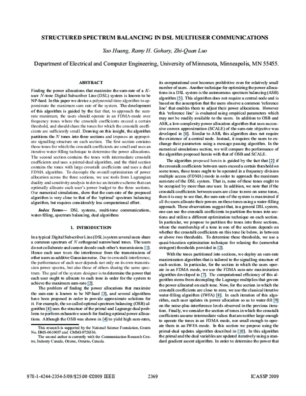 Pdf Structured Spectrum Balancing In Dsl Multiuser Communications Ramy Gohary
