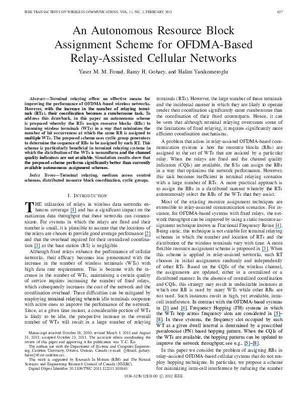 Pdf An Autonomous Resource Block Assignment Scheme For Ofdma Based