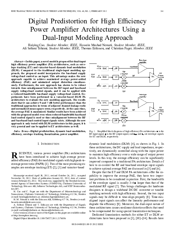 (PDF) Digital Predistortion for High Efficiency Power Amplifier Architectures Using a Dual-Input ...