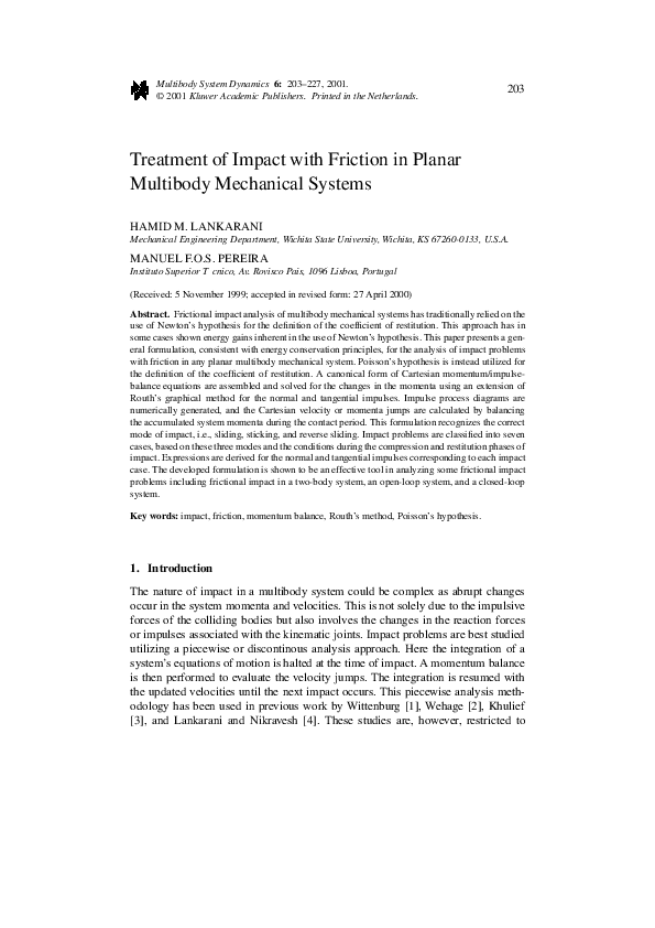 (PDF) Treatment of Impact With Friction In Planar Multibody Mechanical Systems