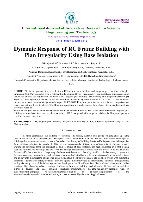 Pdf Dynamic Response Of Rc Frame Building With Plan Irregularity Using Base Isolation