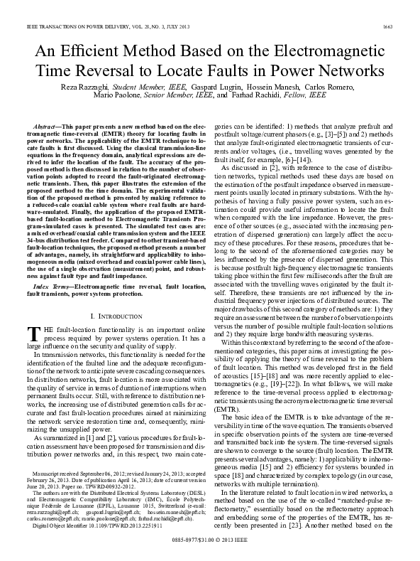 Pdf An Efficient Method Based On The Electromagnetic Time Reversal To Locate Faults In Power