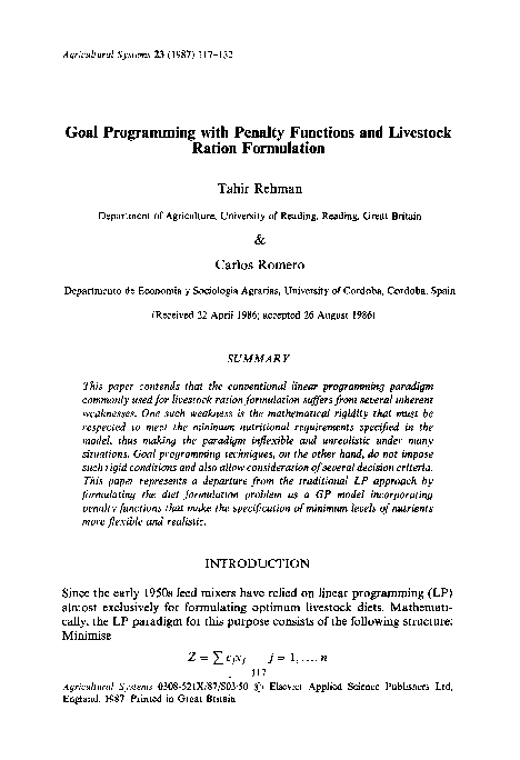 Pdf Goal Programming With Penalty Functions And Livestock Ration Formulation