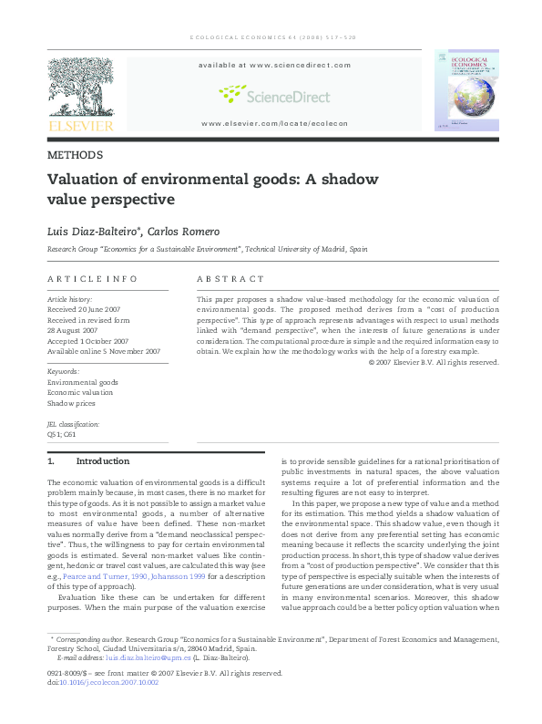 (PDF) Valuation of environmental goods: A shadow value perspective ...