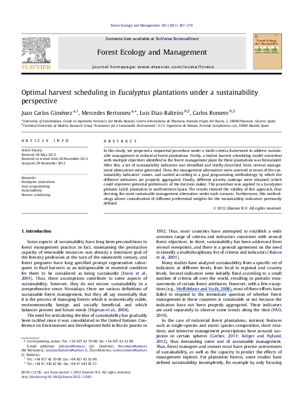 (PDF) Optimal harvest scheduling in Eucalyptus plantations under a sustainability perspective
