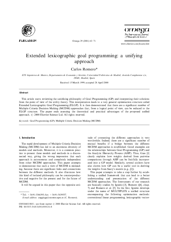 Pdf Extended Lexicographic Goal Programming A Unifying Approach