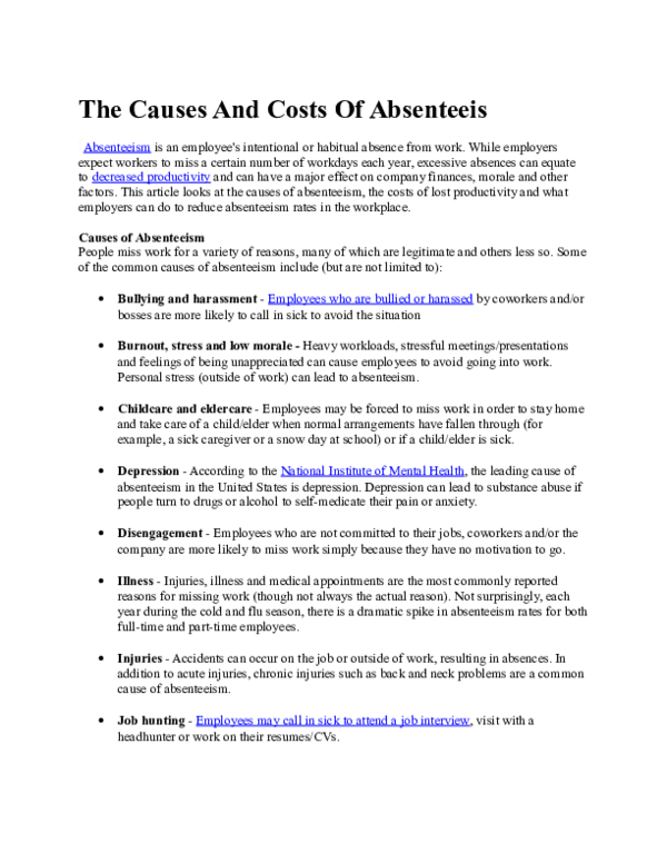 (DOC) The Causes And Costs Of Absenteeis