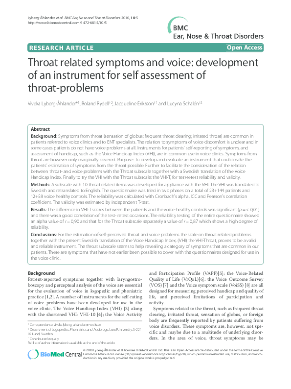 (PDF) Throat related symptoms and voice: development of an instrument ...
