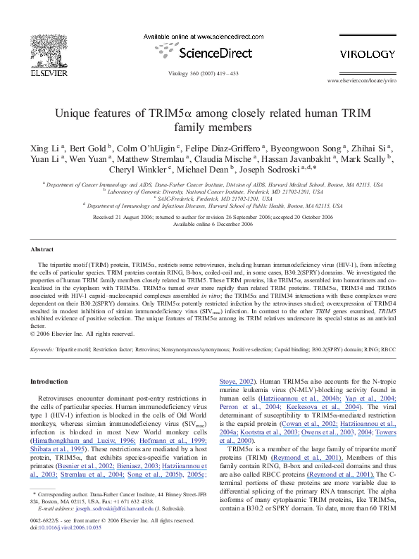 (PDF) Unique features of TRIM5alpha among closely related human TRIM ...
