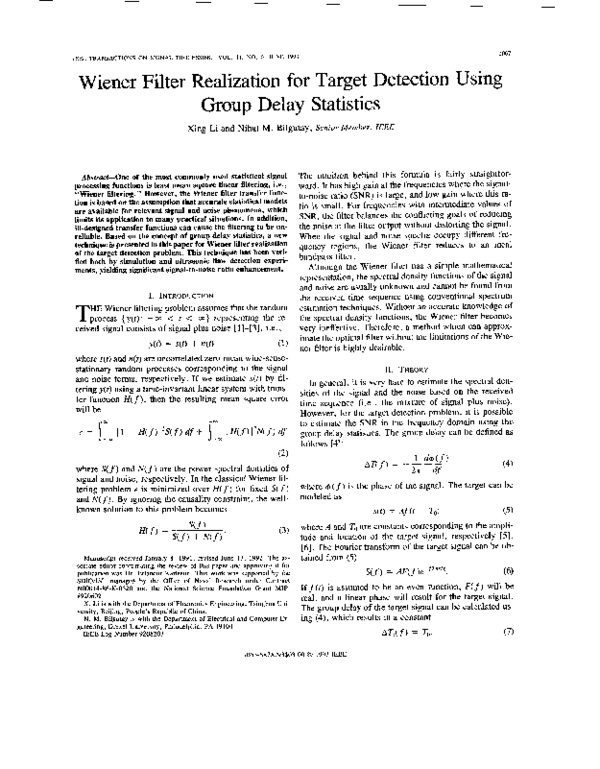 Pdf Wiener Filter Realization For Target Detection Using Group Delay Statistics