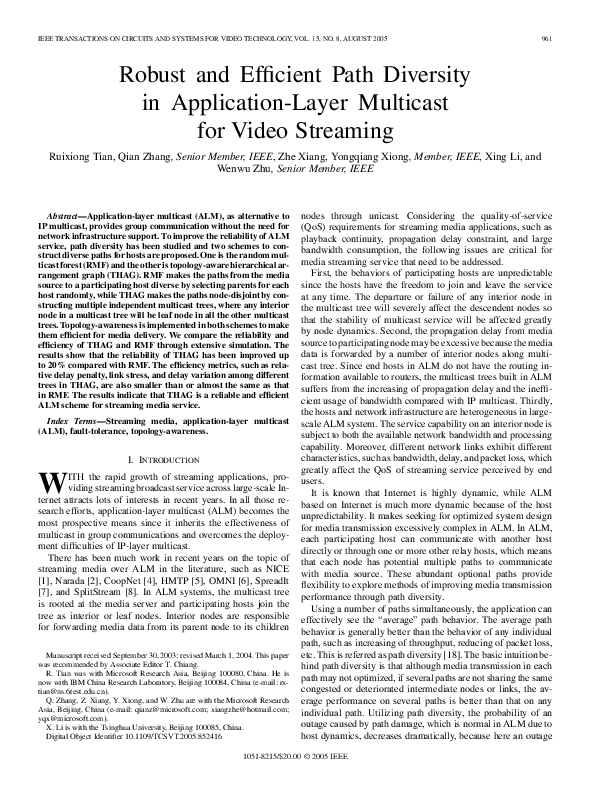 Pdf Robust And Efficient Path Diversity In Application Layer Multicast For Video Streaming
