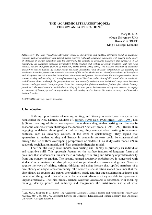 (PDF) The "Academic Literacies" Model: Theory and Applications