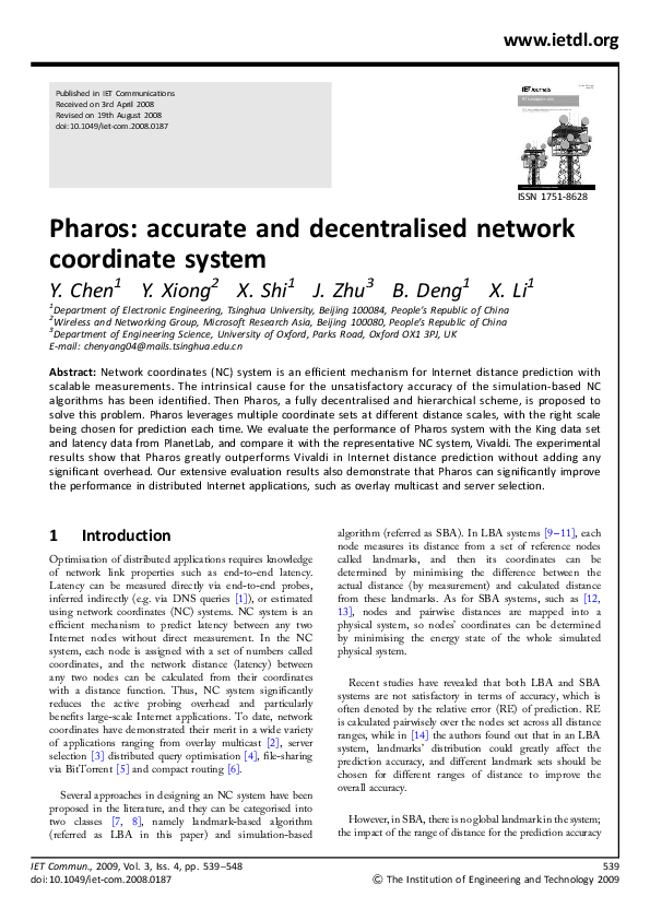 (PDF) Pharos: accurate and decentralised network coordinate system