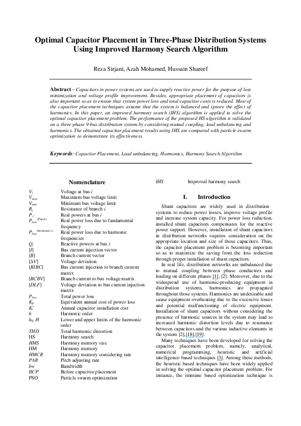(PDF) Optimal capacitor placement in three-phase distribution systems using improved harmony ...