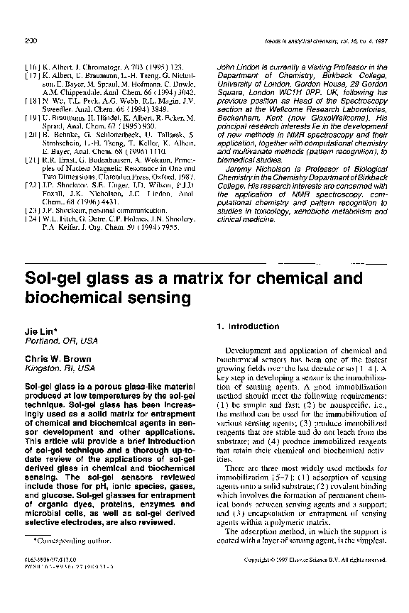 (PDF) Sol-gel glass as a matrix for chemical and biochemical sensing