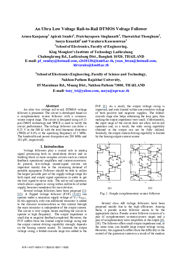 (PDF) An ultra low voltage rail-to-rail DTMOS voltage follower