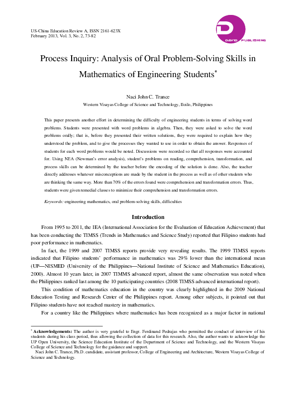 Pdf Process Inquiry Analysis Of Oral Problem Solving Skills In Mathematics Of Engineering