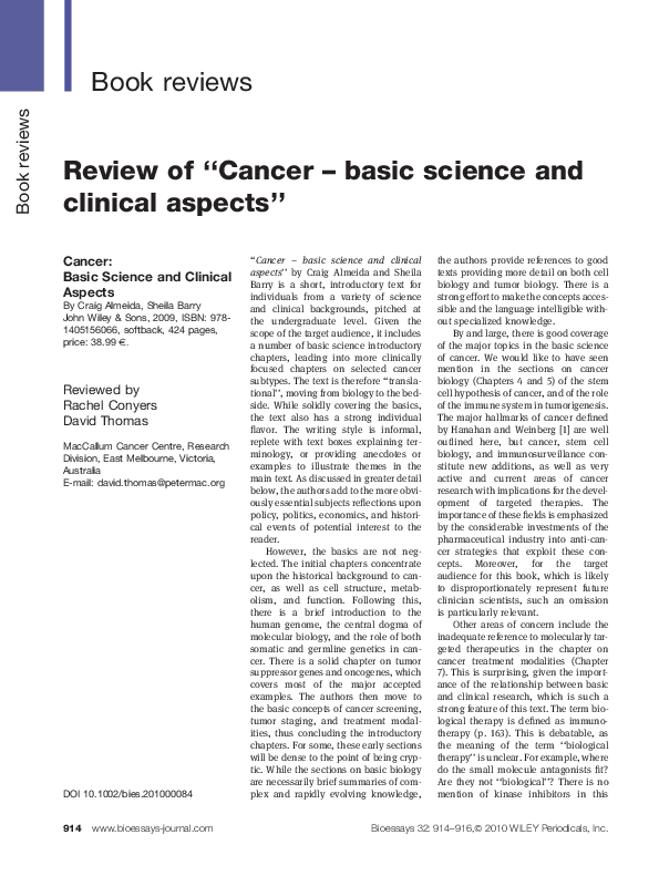 (PDF) Review of “Cancer - basic science and clinical aspects”