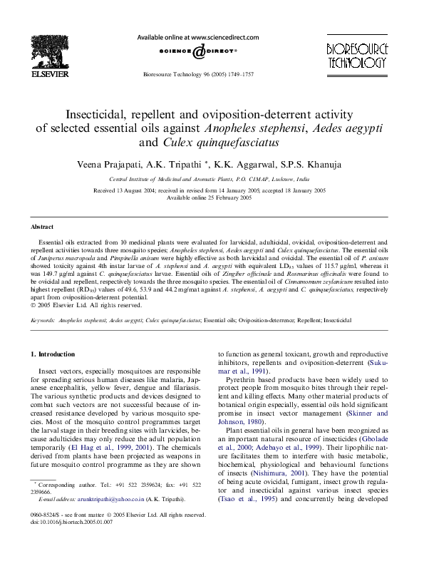 (PDF) Insecticidal, repellent and oviposition-deterrent activity of selected essential oils ...