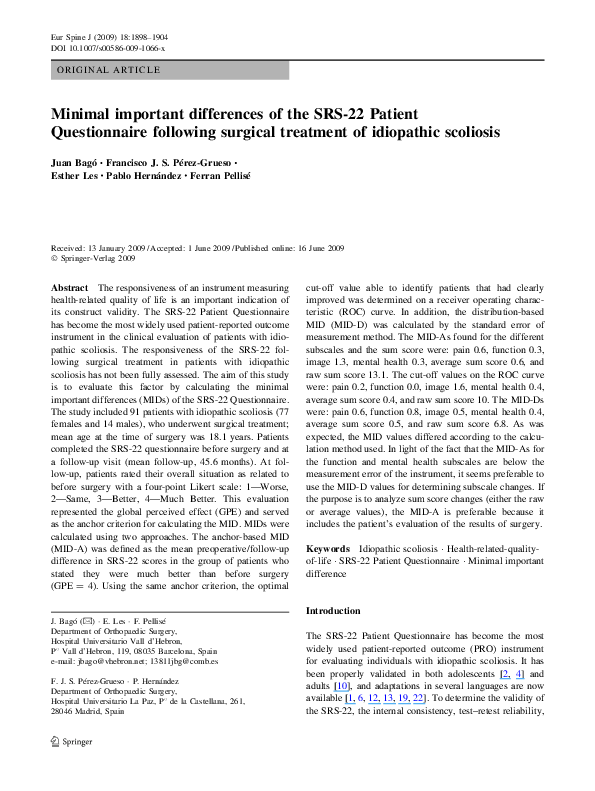 (PDF) Minimal important differences of the SRS-22 Patient Questionnaire ...