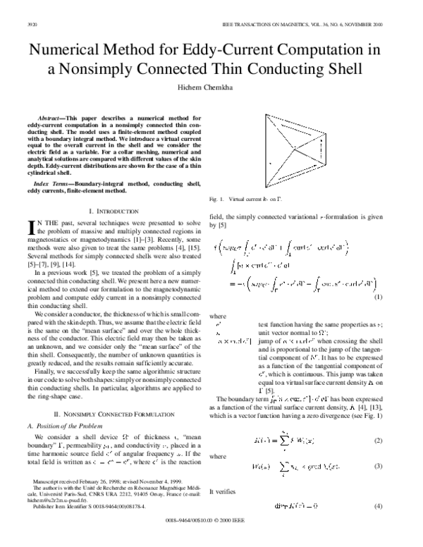 Pdf Numerical Method For Eddy Current Computation In A Nonsimply