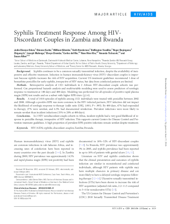 (PDF) Syphilis Treatment Response Among HIV-Discordant Couples in ...