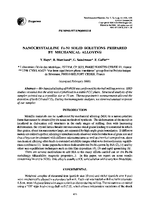 (PDF) Nanocrystalline Fe?Ni solid solutions prepared by mechanical alloying