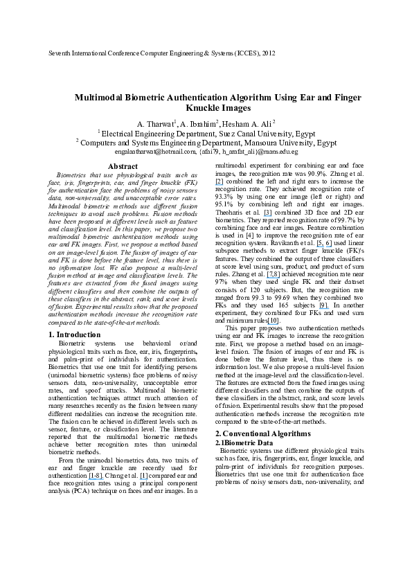 Pdf Multimodal Biometric Authentication Algorithm Using Ear And